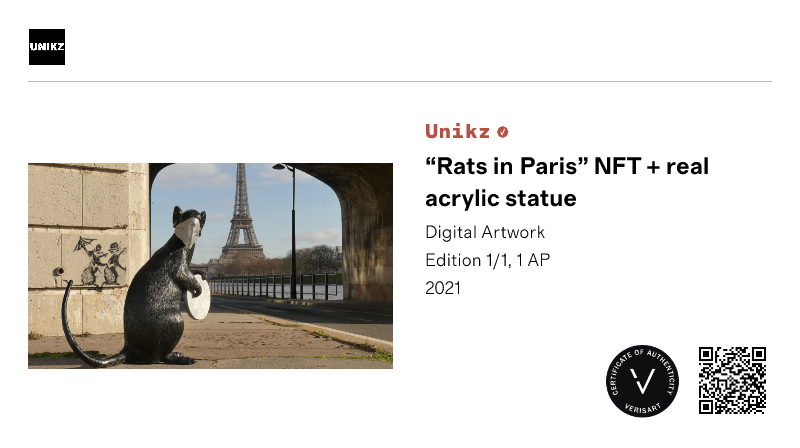Unikz | “Rats in Paris” NFT + real acrylic statue | View certificate