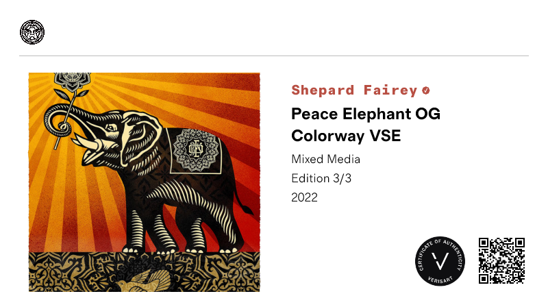 Shepard Fairey | Peace Elephant OG Colorway VSE | View certificate
